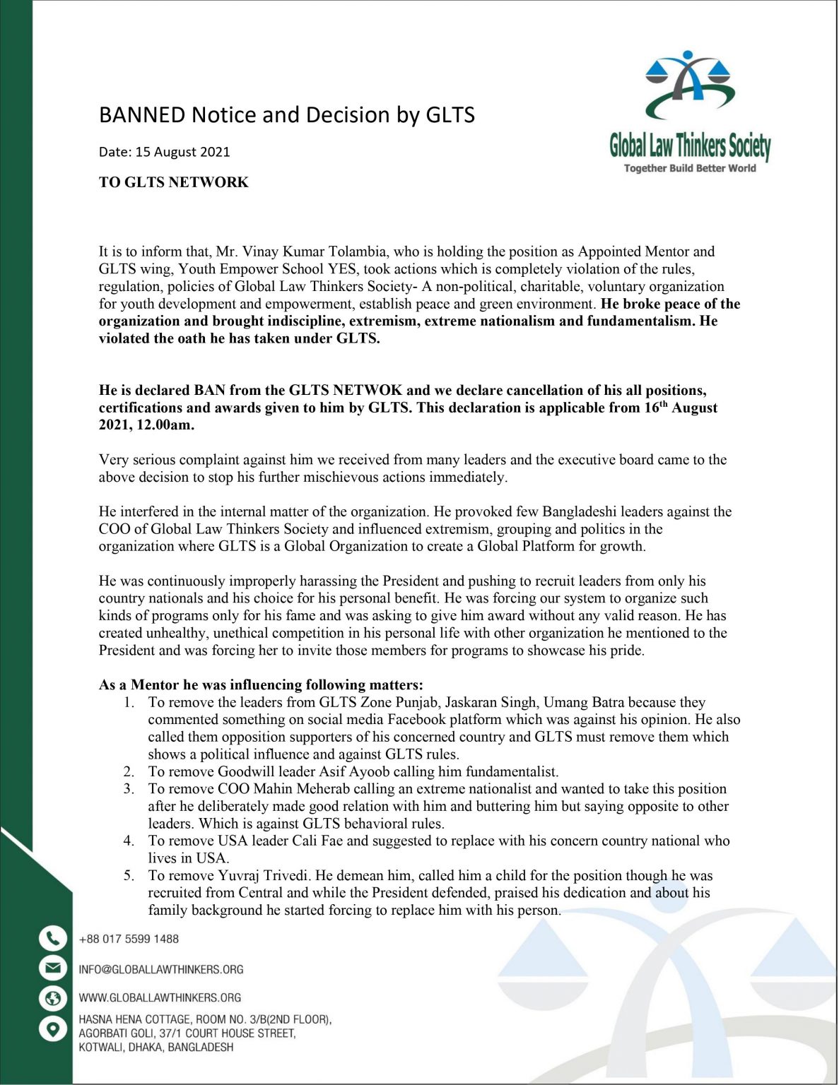 BANNED Notice and Decision by GLTS - Global Law Thinkers Society